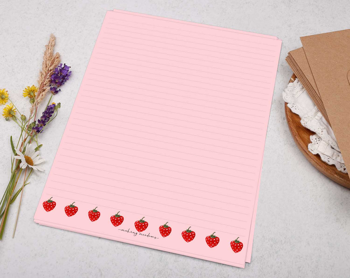 Luxury A4 pink writing paper with strawberry border