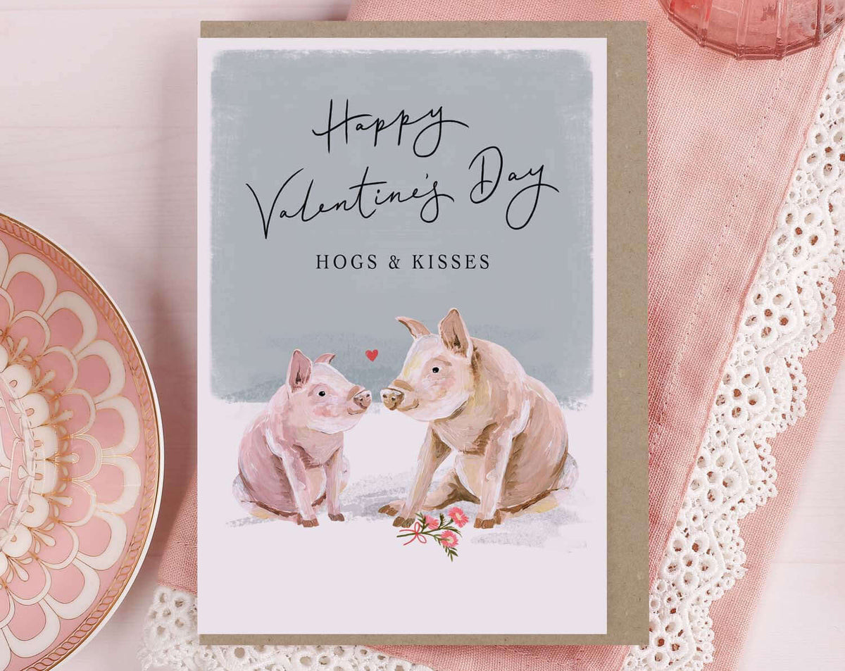 Cute Hogs & Kisses Pig Valentine Card | UK Made