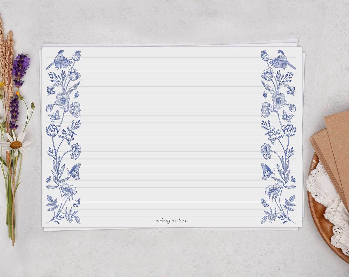Luxury A4 Landscape Writing Paper With Blue Florals