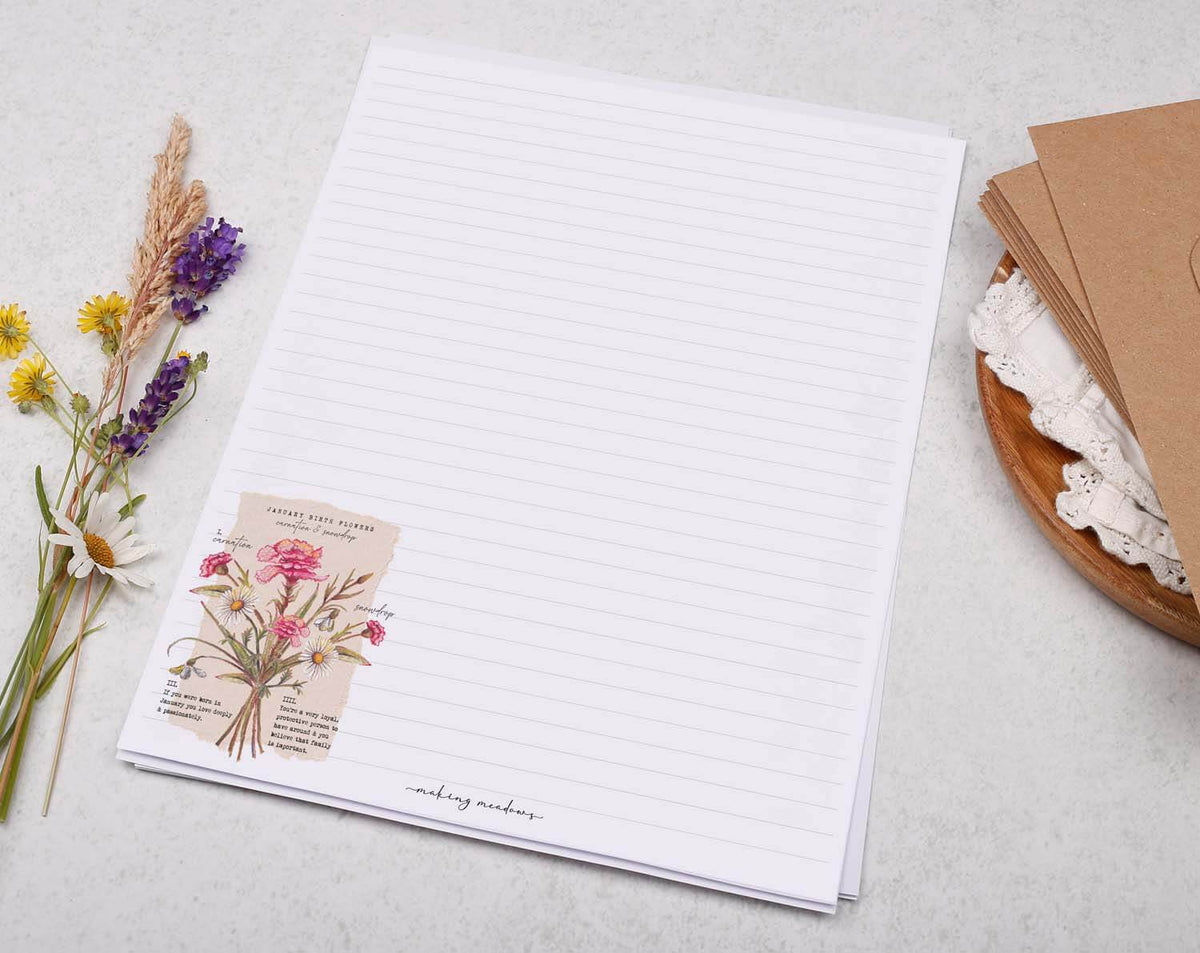 Eco-Friendly A4 Writing Paper With January Birth Flowers