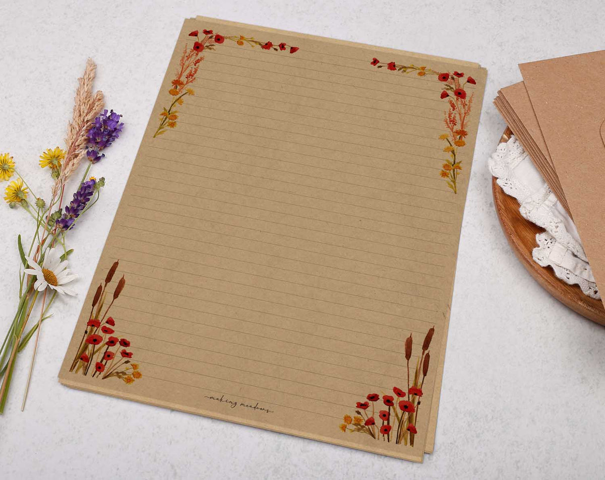 Luxury A4 kraft writing paper with reeds & poppy