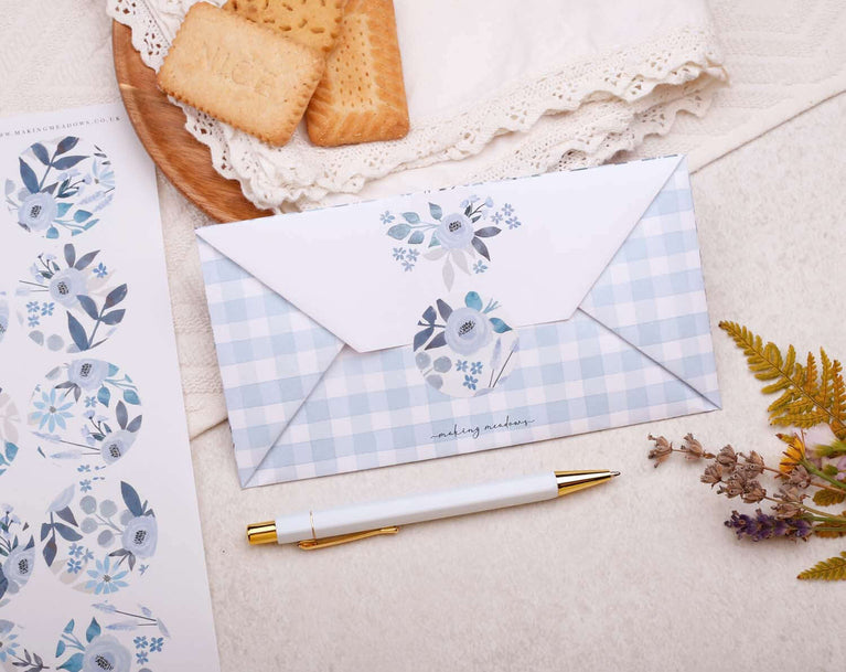 A4 Origami Writing Paper Folds Into Envelope - Blue Flowers