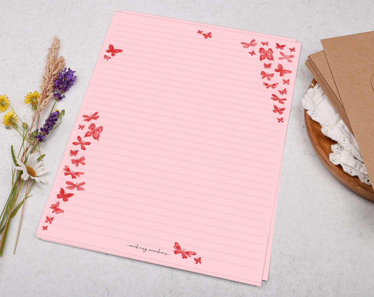 Luxury A4 pink writing paper with beautiful butterflies