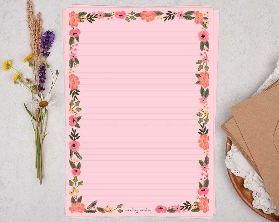 Luxury A4 pink writing paper with floral border – Making Meadows