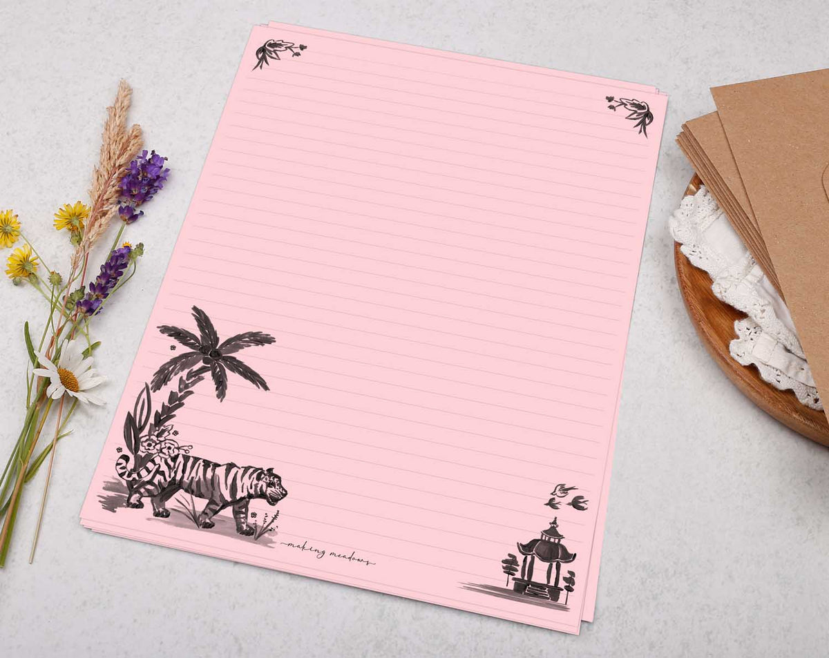 Luxury A4 pink writing paper with tropical tiger