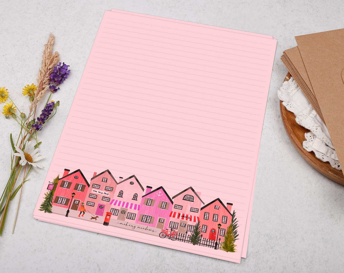 Luxury A4 pink writing paper with village shops – Making Meadows