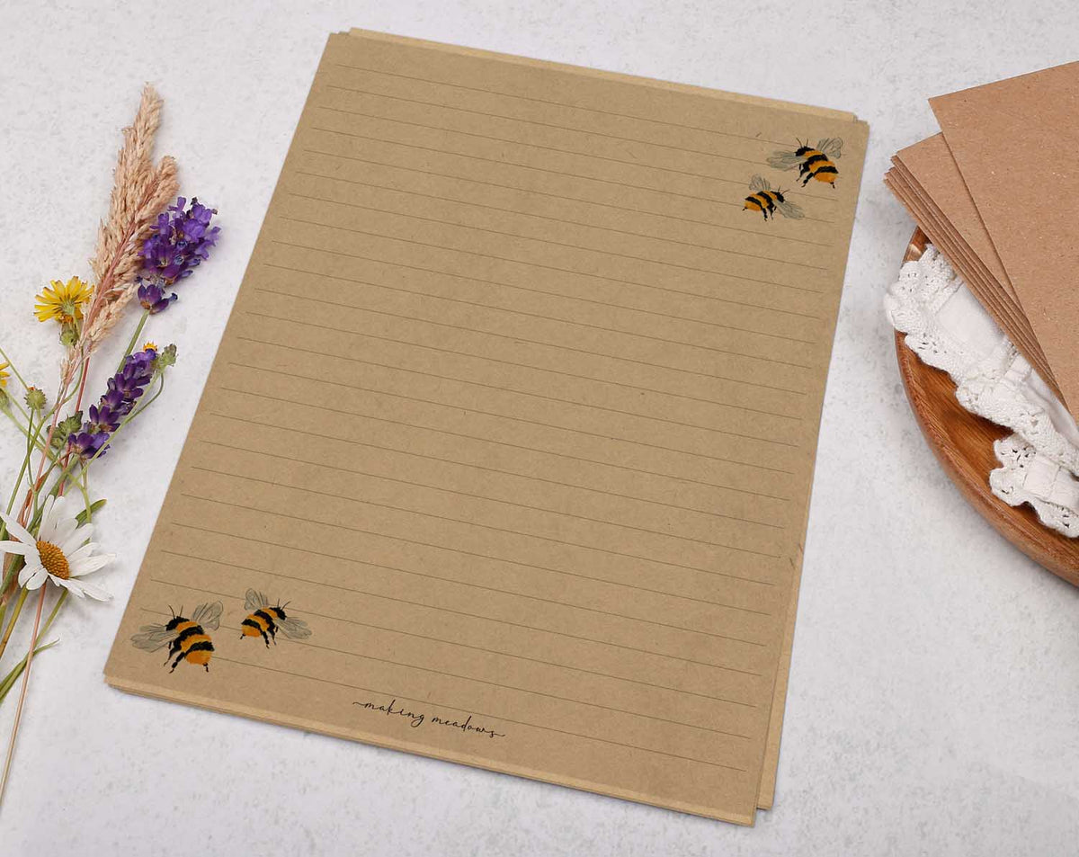Rustic A5 kraft writing paper with bumble bees