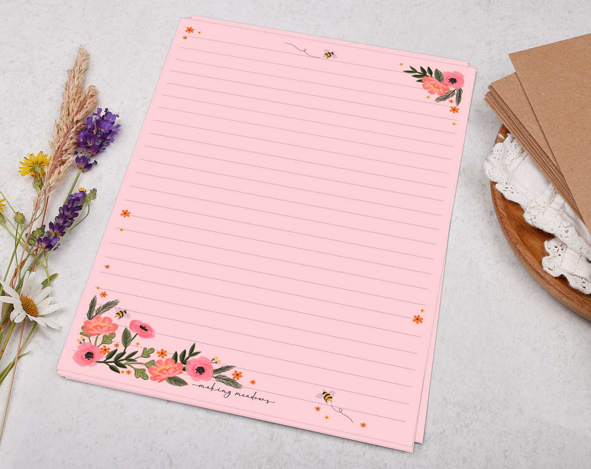Premium A5 pink writing paper with floral flowers