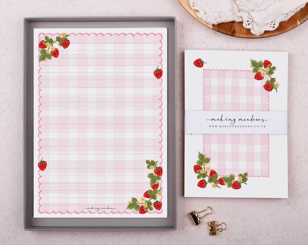 Gingham Strawberry A5 Writing Paper & Envelope Set – Making Meadows