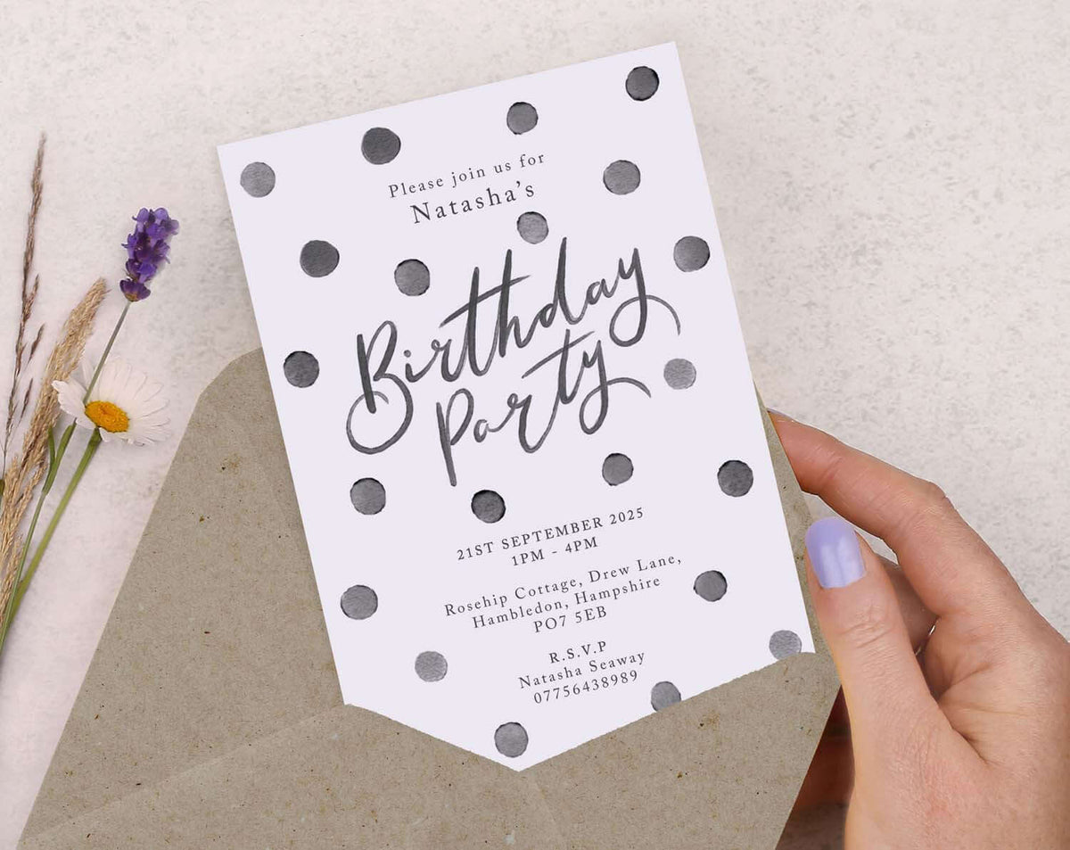 Personalised Black Polka Dot Birthday Invitation