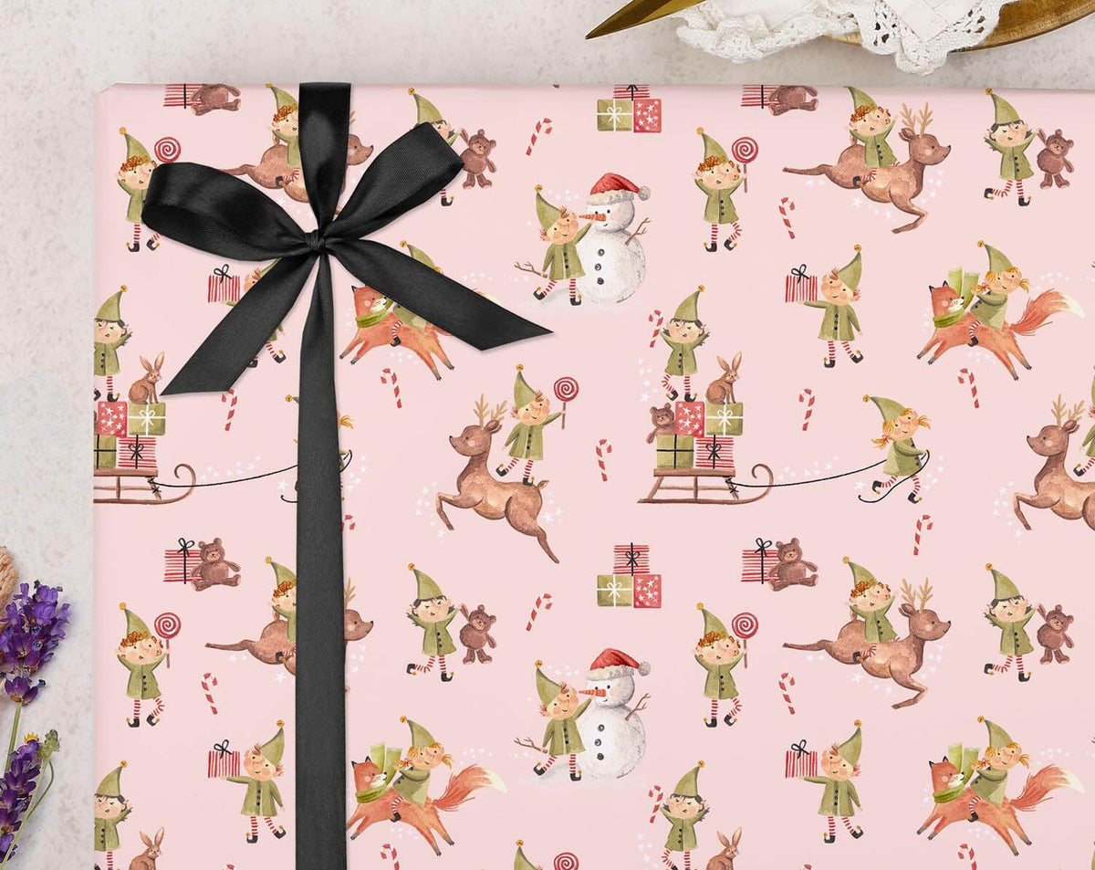 Pink Santa's Elf Wrapping Paper | Christmas Gift Wrap