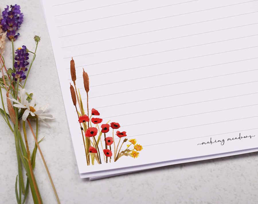 Luxury A4 writing paper with a poppy & river reed border – Making Meadows