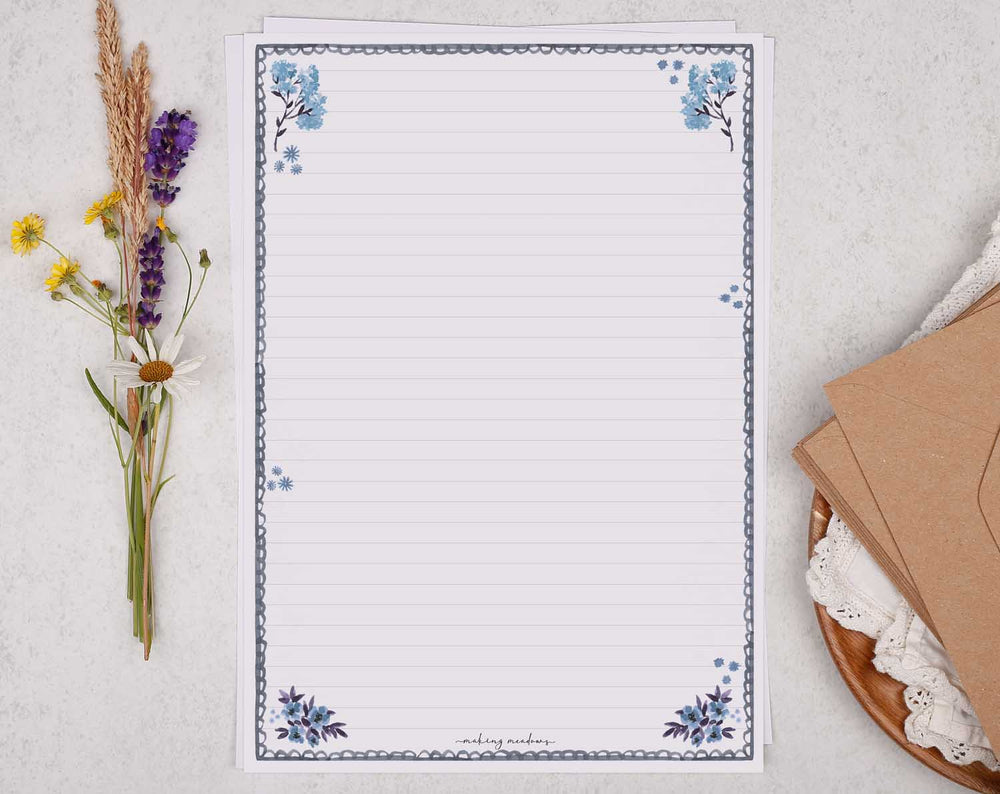 Eco-Friendly A4 writing paper with blue floral scalloped