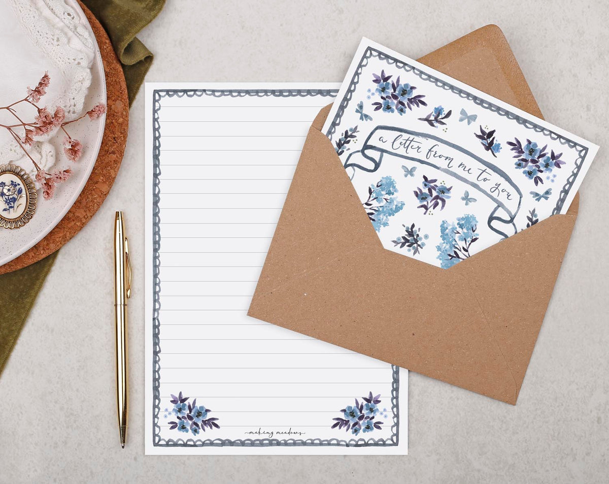 Premium A5 Writing Paper With Blue Painted Flowers | Making Meadows